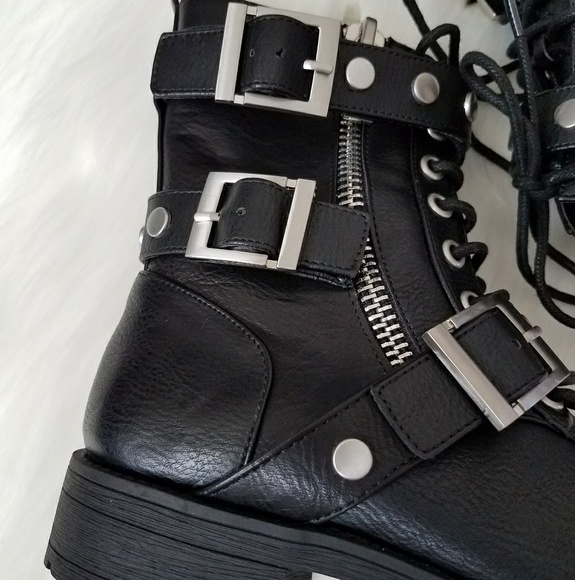 Charles David | Shoes | Charles David Silver Buckle Moto Combat Boots ...